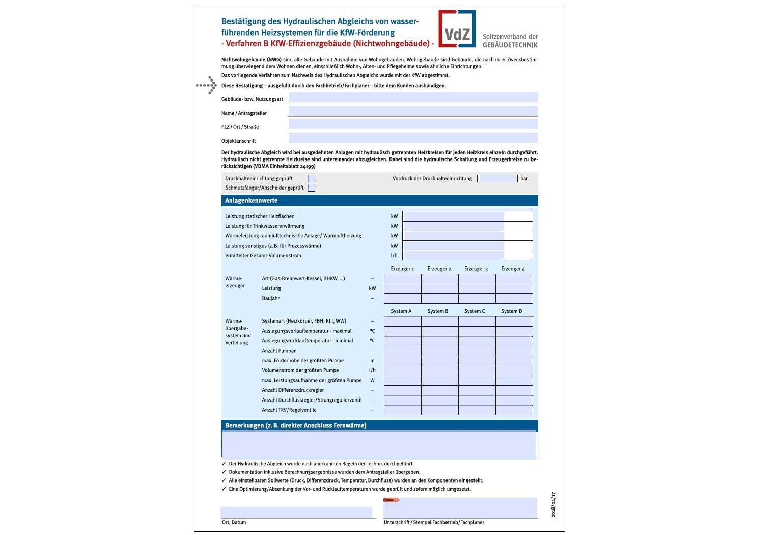 Arbeitshilfe - Formular: Hydraulischer Abgleich für Nichtwohngebäude